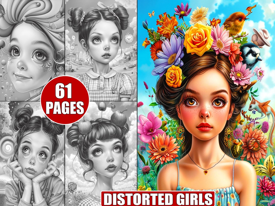 61 Printable Distorted Girls Coloring Pages in Grayscale for Adults ...