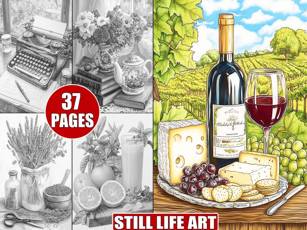 Still Life Art Coloring Pages: Floral & Fruit Illustrations (printable ...