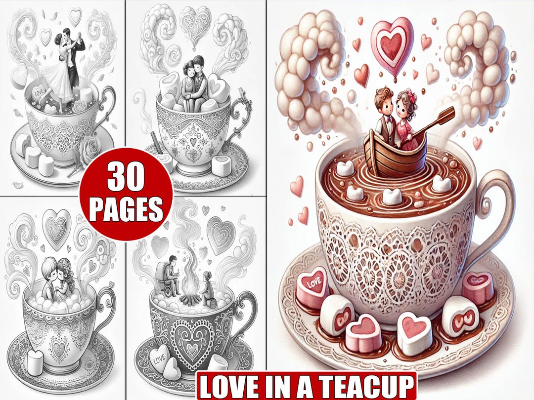 30 Printable Love in A Teacup Coloring Pages in Grayscale for Adults ...