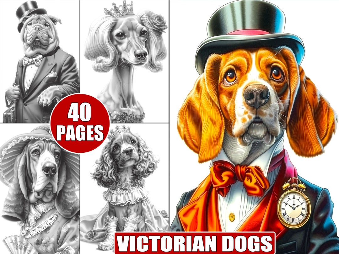 40 Printable Victorian Dogs Coloring Pages in Grayscale for Adults ...