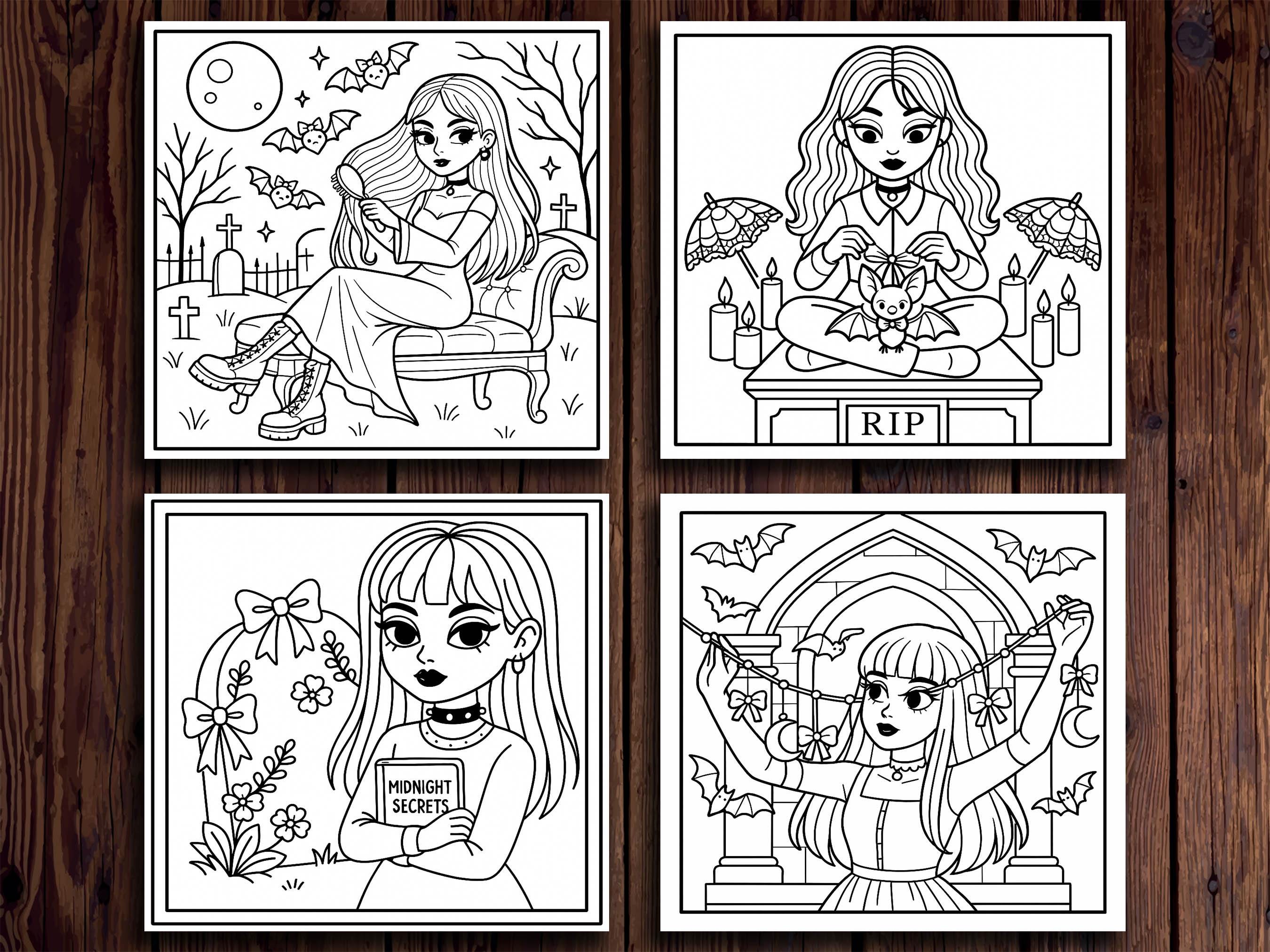 Pastel Goth Coloring Pages – Bats, Bows & Kawaii Halloween (PDF Pattern ...