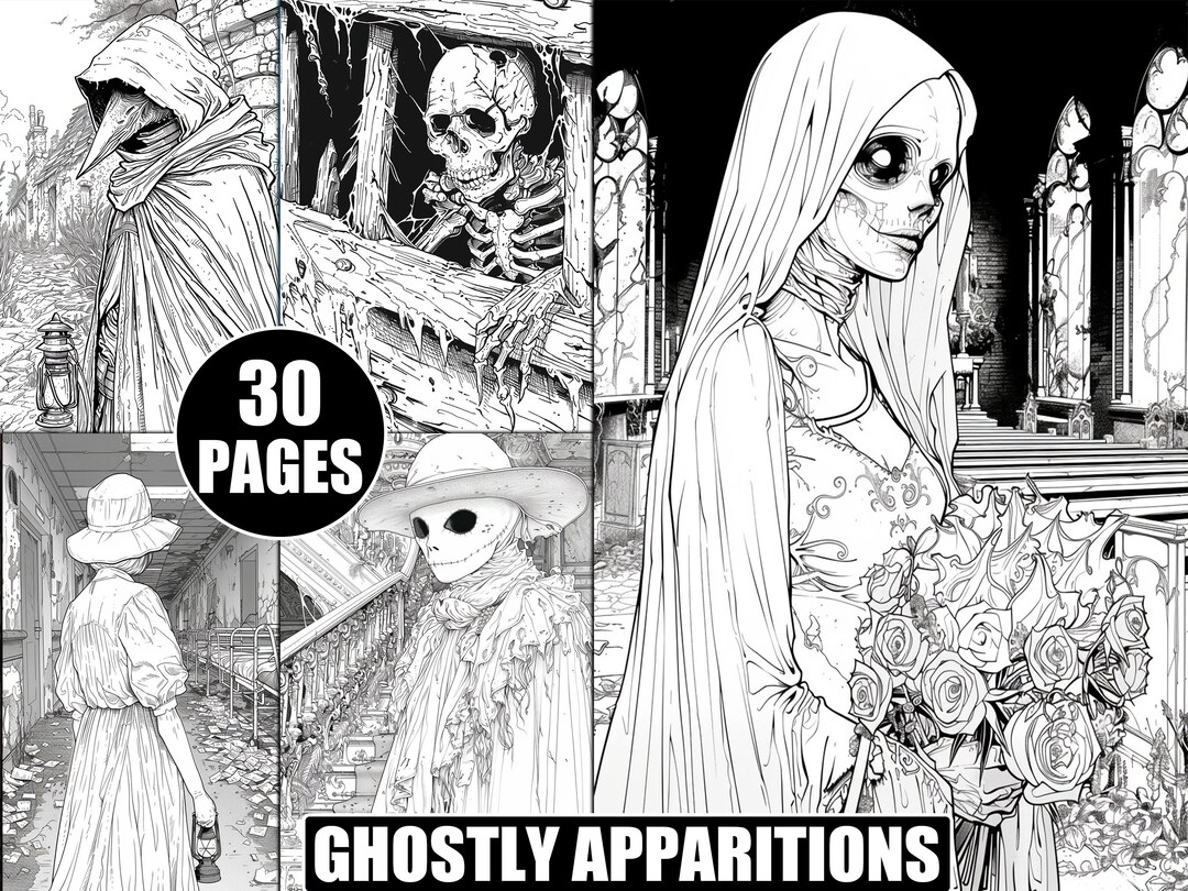 30 Ghostly Apparitions Coloring Pages for Adults - Printable Grayscale ...