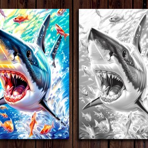 30 Printable Sharks Coloring Pages in Grayscale for Adults, Aquatic Sea ...