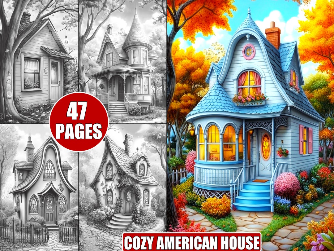 47 Printable Cozy American House Coloring Pages in Grayscale for Adults ...