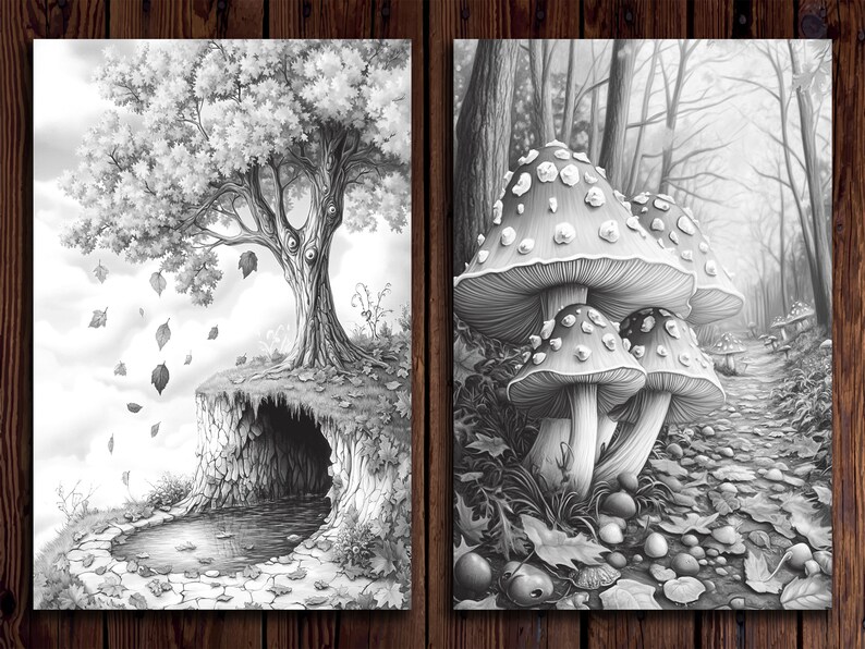 Autumn Dreams Coloring Pages: Grayscale Fall Scenes for Adults ...