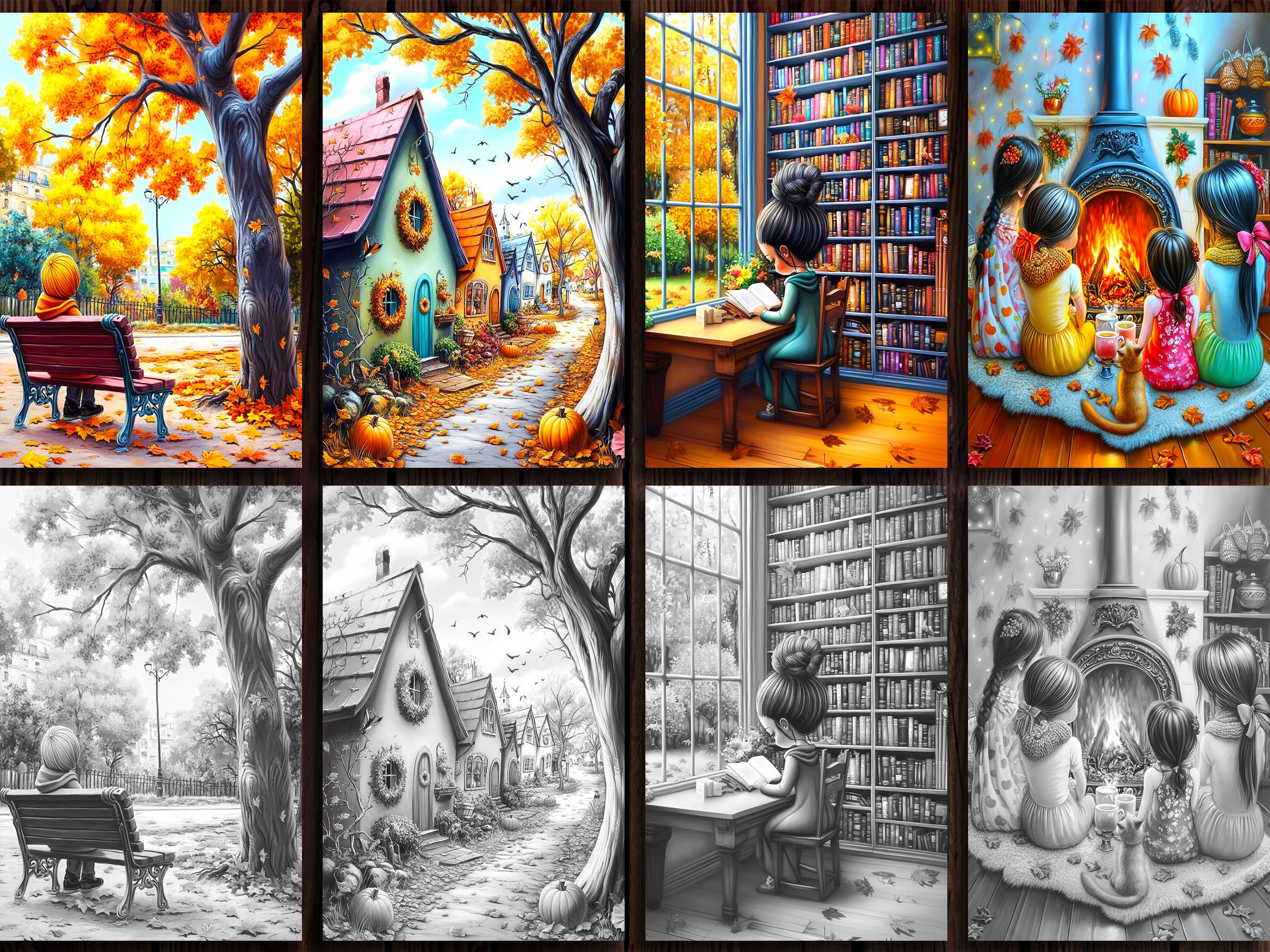 Cozy Autumn Coloring Pages: Grayscale Fall Scenes (printable PDF) - Etsy