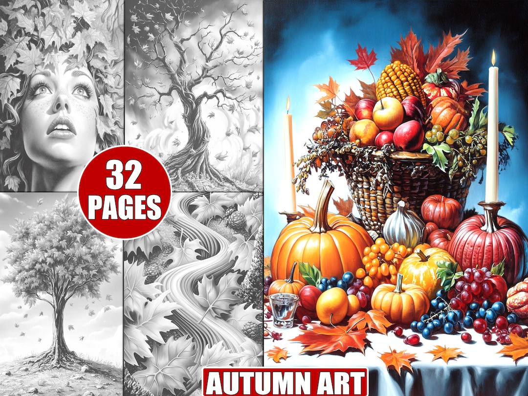 32 Printable Autumn Art Coloring Pages in Grayscale for Adults, Cozy ...