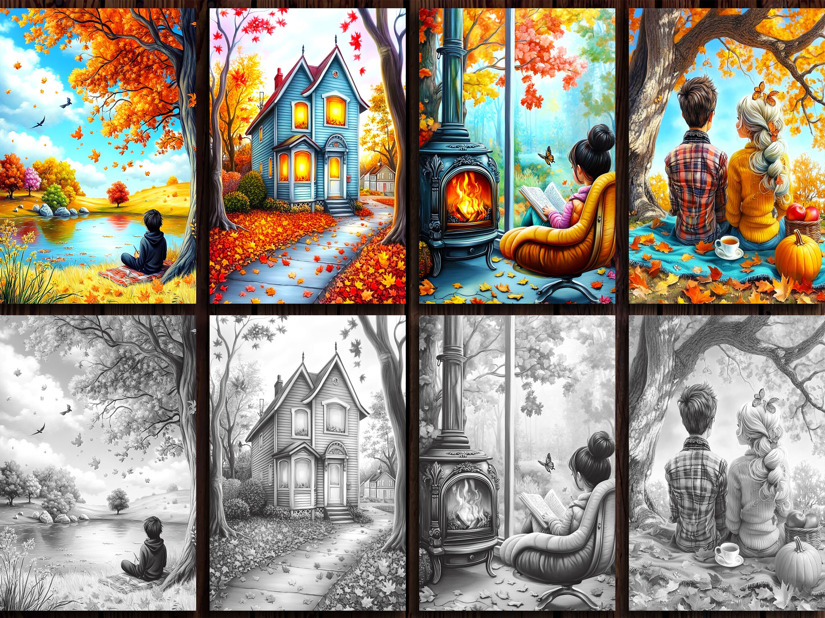 Cozy Autumn Coloring Pages: Grayscale Fall Scenes (printable PDF) - Etsy