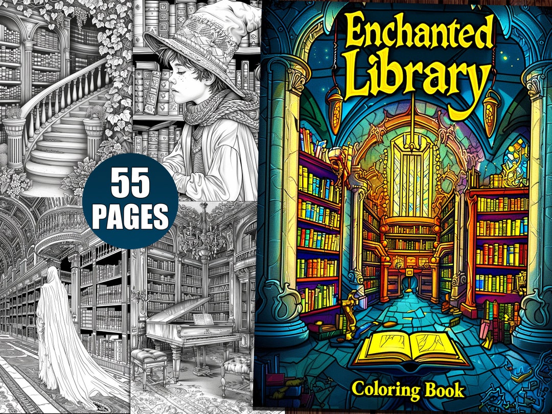55 Enchanted Library Coloring Pages for Adults, Magical Grayscale ...