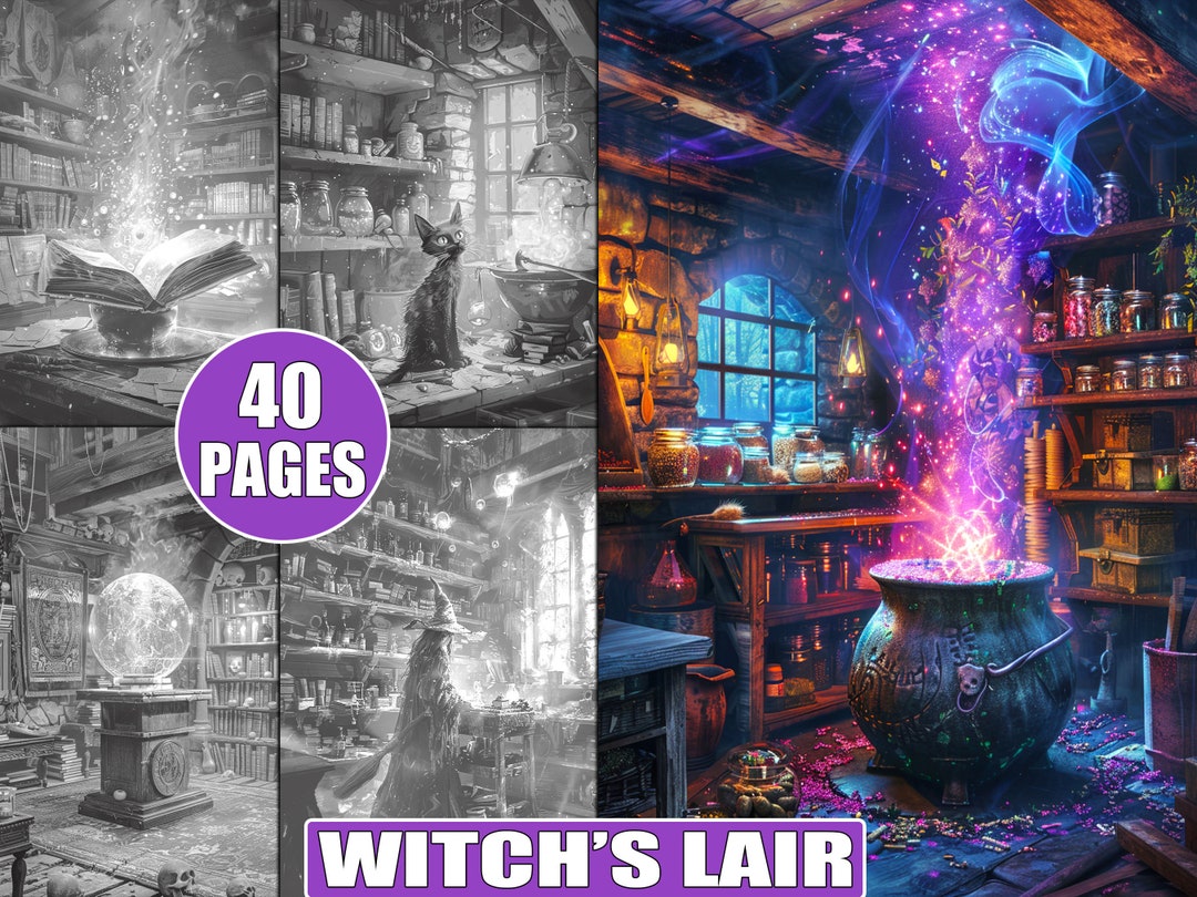 Witch's Lair Grayscale Coloring Pages: 40 Printable Halloween Sheets ...
