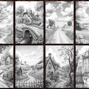42 Printable Rural Town Coloring Pages in Grayscale for Adults, Quaint ...