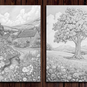 Spring Landscapes Coloring Pages: Grayscale Nature Scenes (digital ...