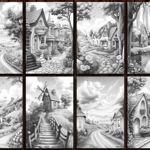 42 Printable Rural Town Coloring Pages in Grayscale for Adults, Quaint ...