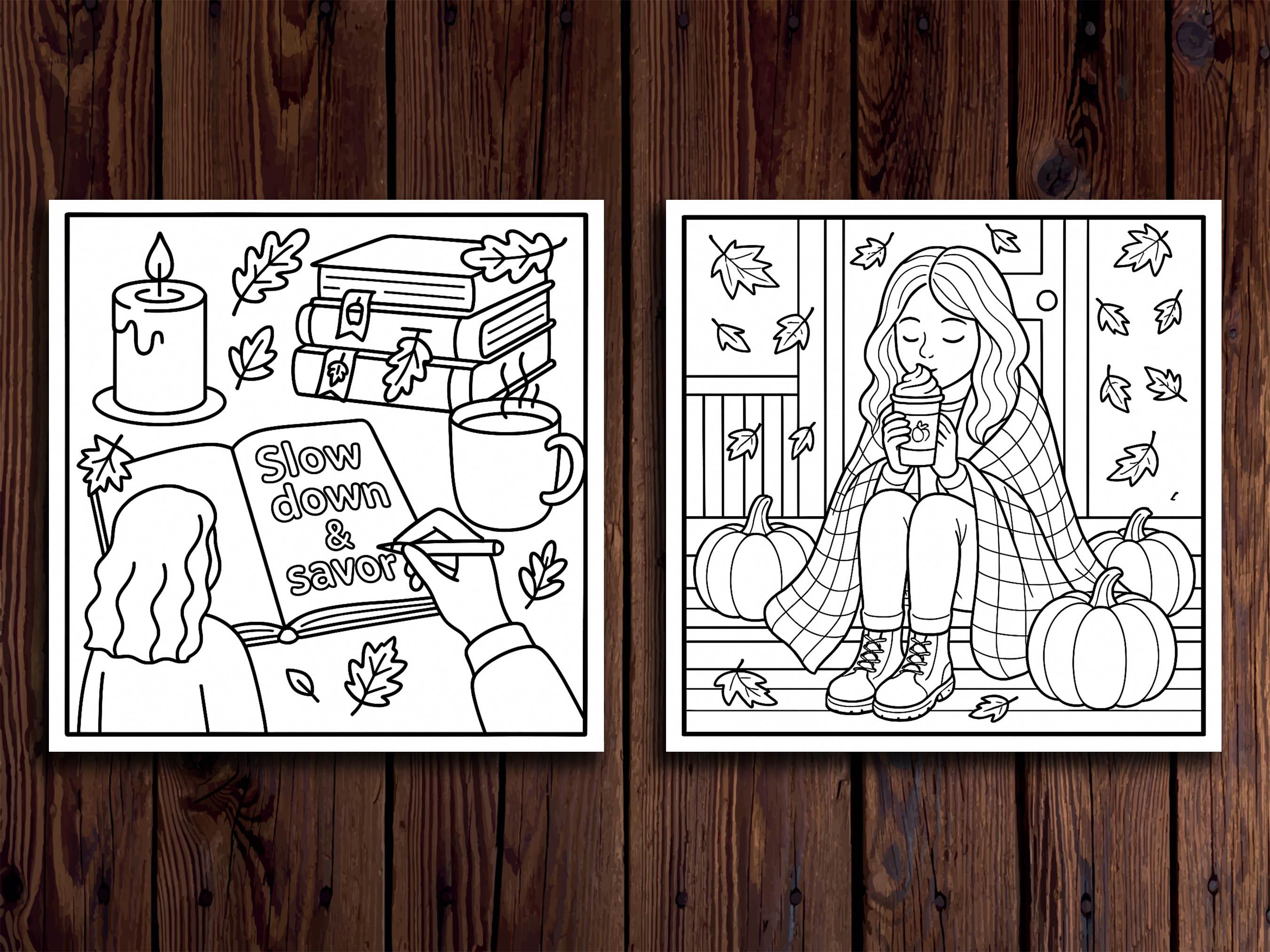 Cozy Autumn Coloring Pages: Fall Scenes Printable (digital Download) - Etsy