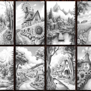 42 Printable Rural Town Coloring Pages in Grayscale for Adults, Quaint ...