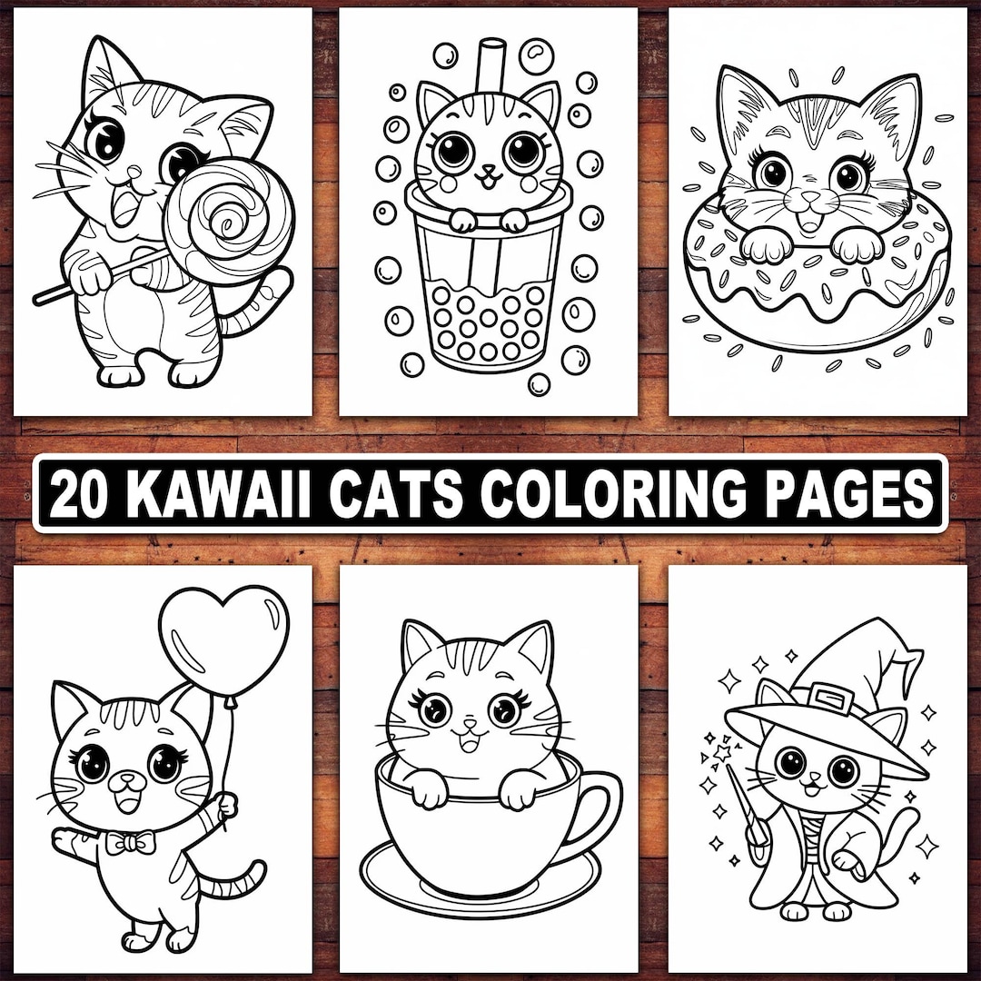 Kawaii Cat Coloring Pages | 20 Chibi Kitten Designs (digital Download ...