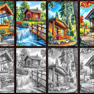 Cozy Cabin in the Woods Coloring Pages: Grayscale Rustic Forest Scenes ...