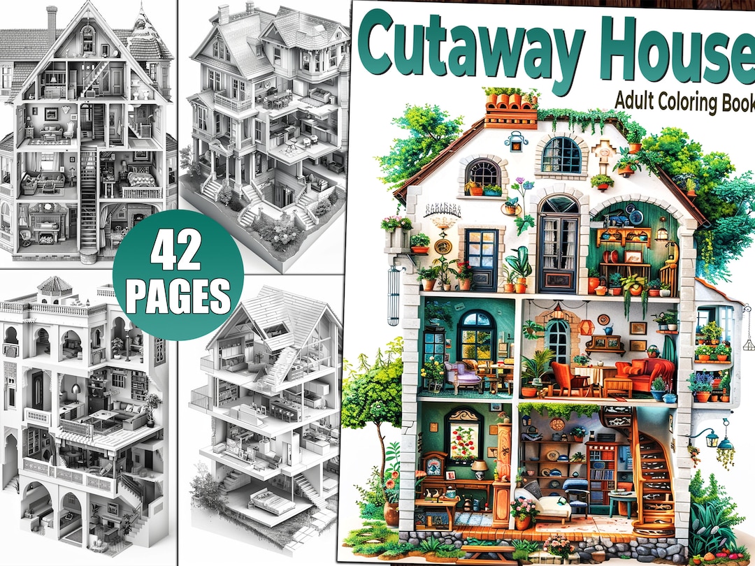 Cutaway House Coloring Book: 42 Isometric Grayscale Pages (printable ...