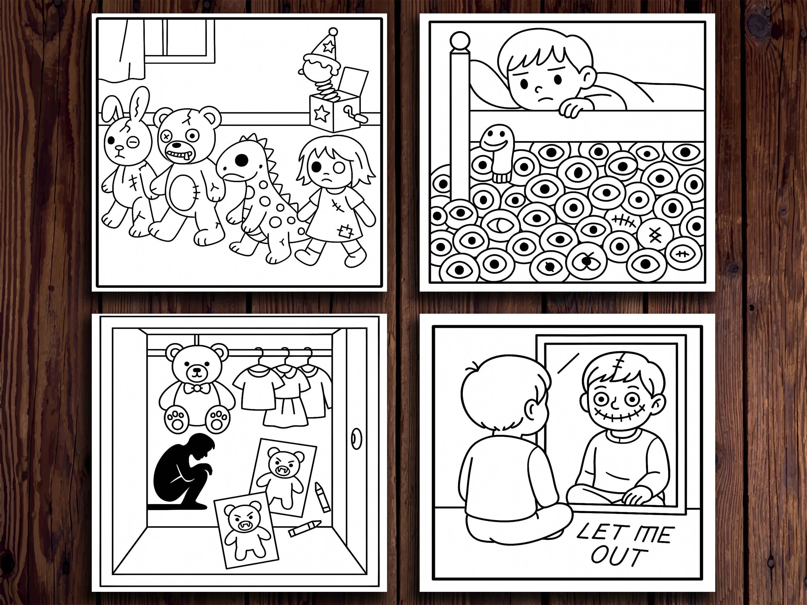Creepy Under-the-bed Horror Coloring Pages: Cracked Dolls, Spooky ...