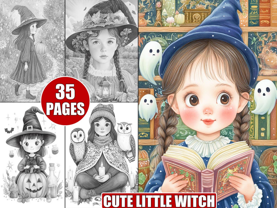 35 Printable Cute Little Witch Coloring Pages in Grayscale for Adults ...
