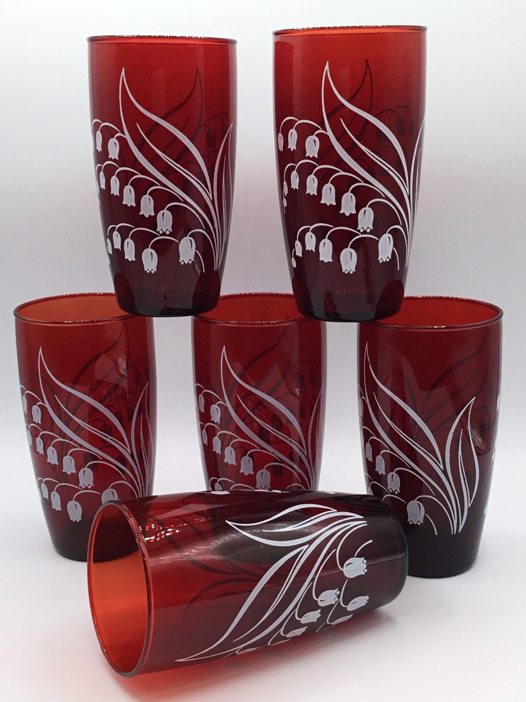 Ruby Red Tumblers With Whit Lily of Valley Flowers Set of 6 - Etsy