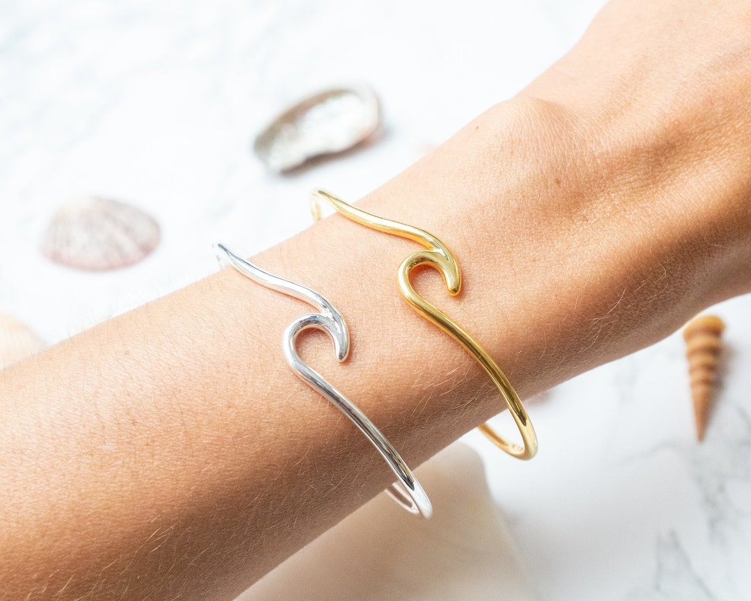 Wave Bracelet Gold, Wave Arm Cuff Sterling Silver, Wave Bangle, Ocean ...