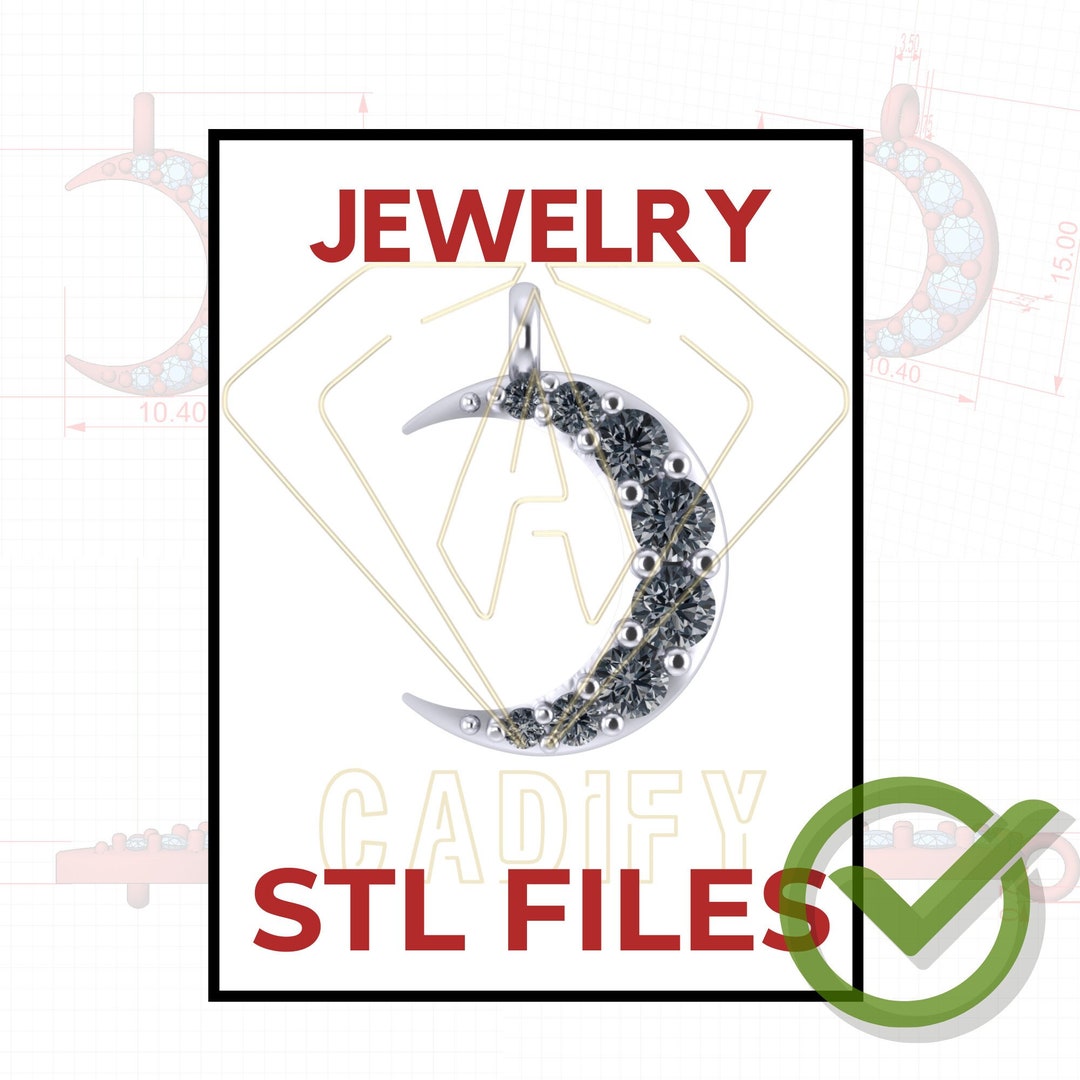 Pendant STL File 3D Pave Crescent Moon Charm CAD Design for Download ...