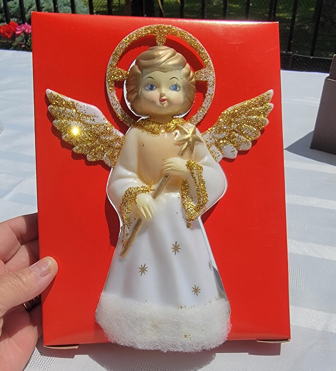 VINTAGE Doubl Glo Angel Tree Top Christmas Topper Decoration Glitter ...