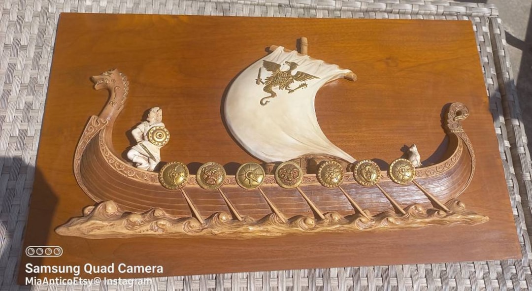MCM Viking Dragon Boat With Dog Chalkware Art Mounted on Wood Girotti ...