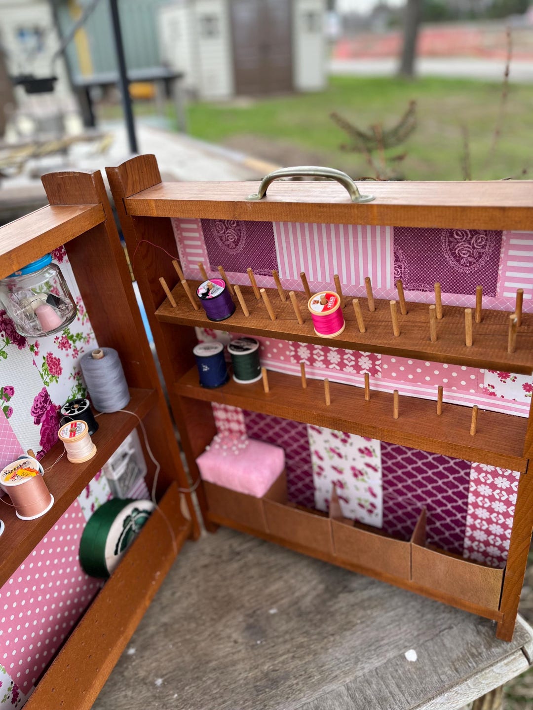 Vintage Sewing Thread Spool Folding Wood Storage Cabinet, Appears ...
