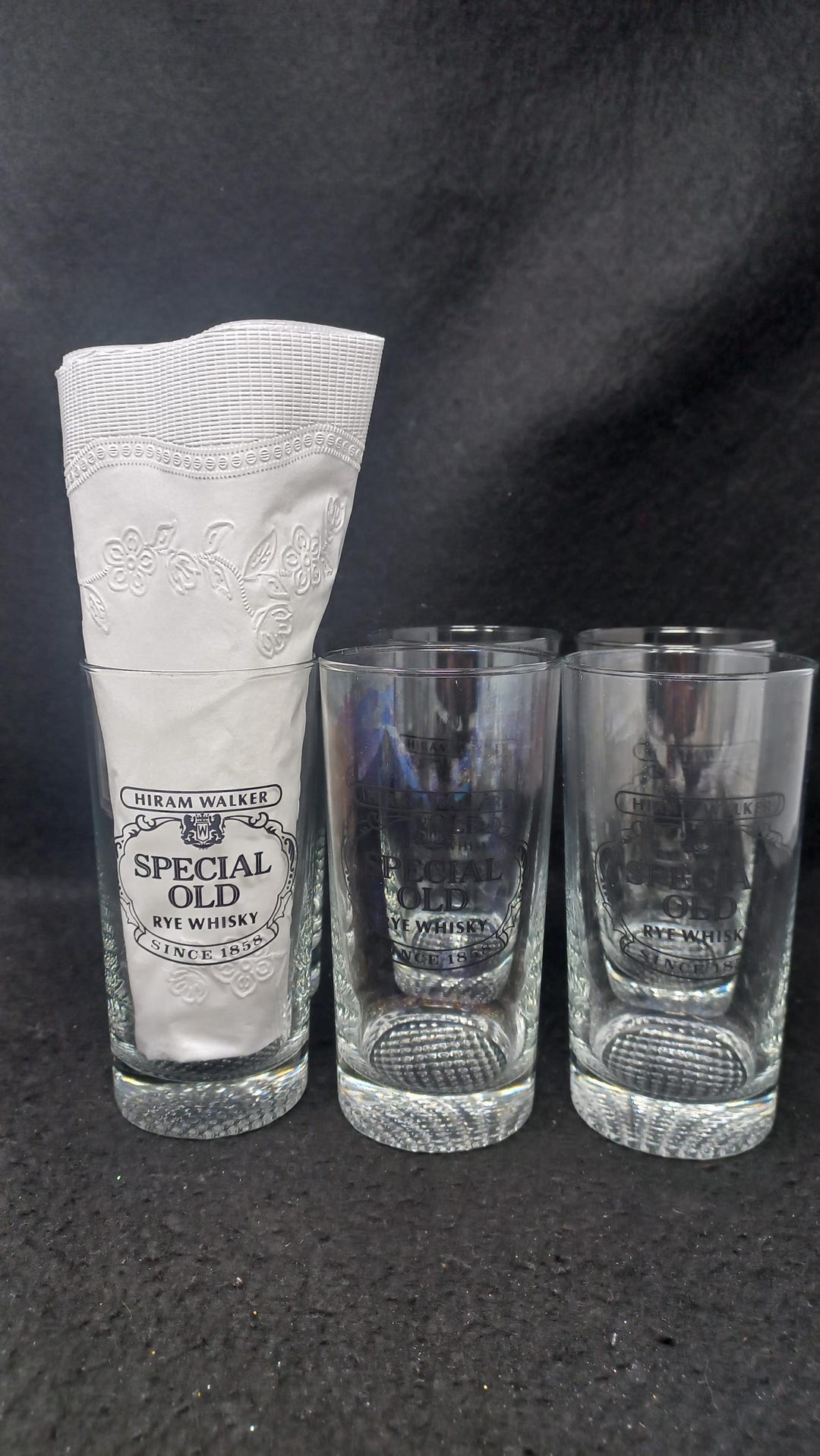 Retro Hiram Walker Special Old Rye Whisky Sinxe 1858 Glasses Set of 6 ...
