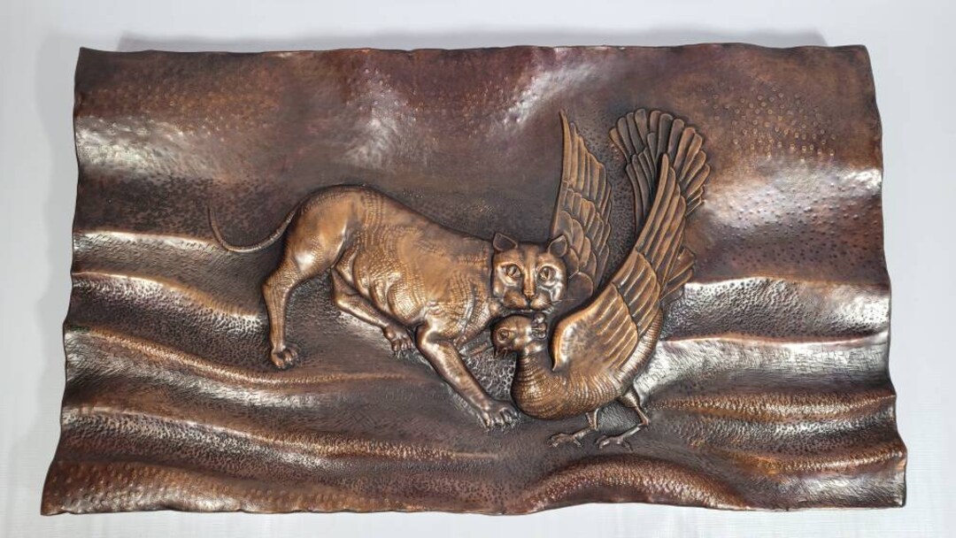 Vintage Cellini 1969 Copper Handcrafted Art Lioness With Bird Hunt ...