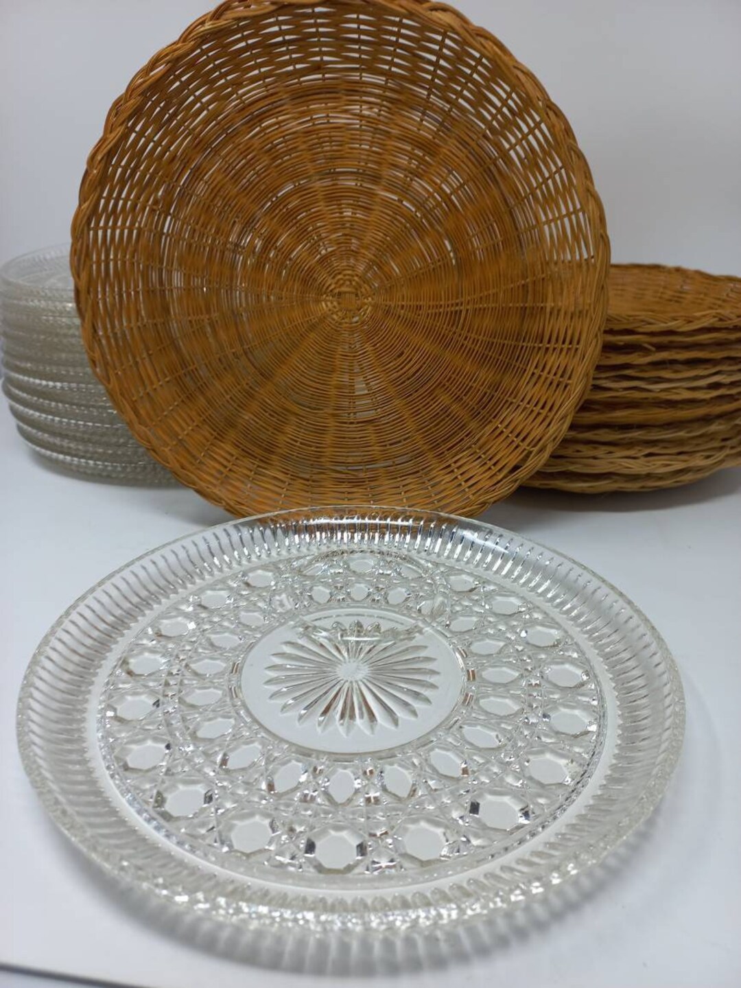 Vintage Indiana Glass Plates With Wicker Chargers Set of 6 Boho Chic ...