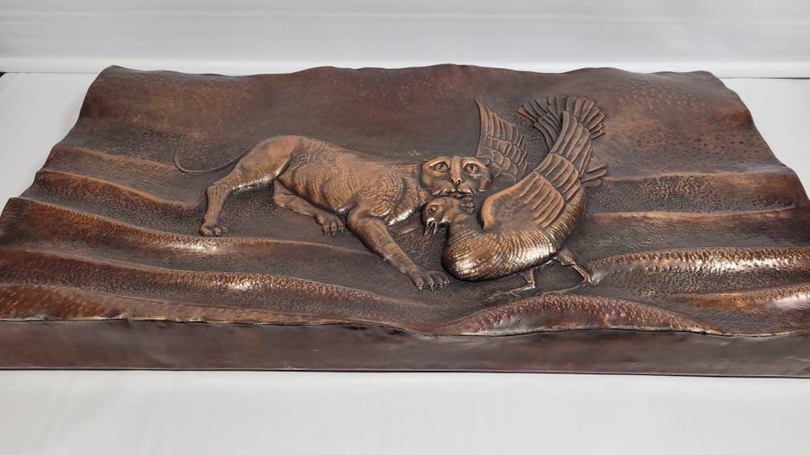 Vintage Cellini 1969 Copper Handcrafted Art Lioness With Bird Hunt ...