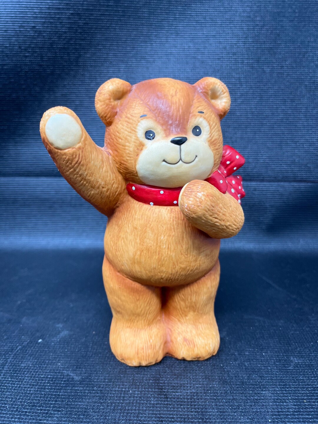 1979 Enesco Teddy Bear Porcelain Figurine Bank Waving Red Bow Lucy & Me ...