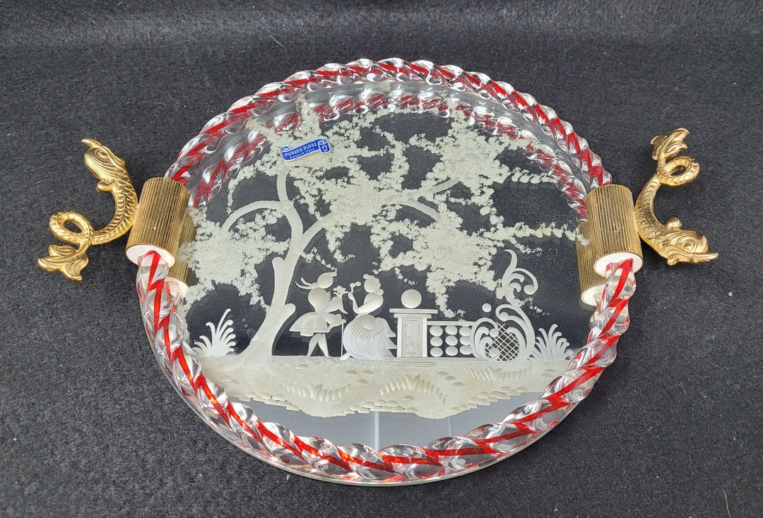 Vintage MCM Etched Murano Glass Tray With Gold Handles. S4 - Etsy