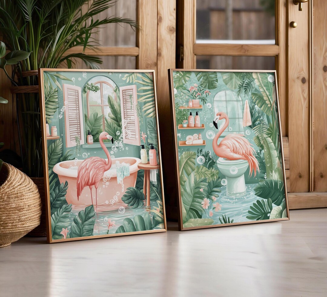 Flamingo Bathroom Prints (set of 2) - Tropical Wall Art, Guest Toilet ...
