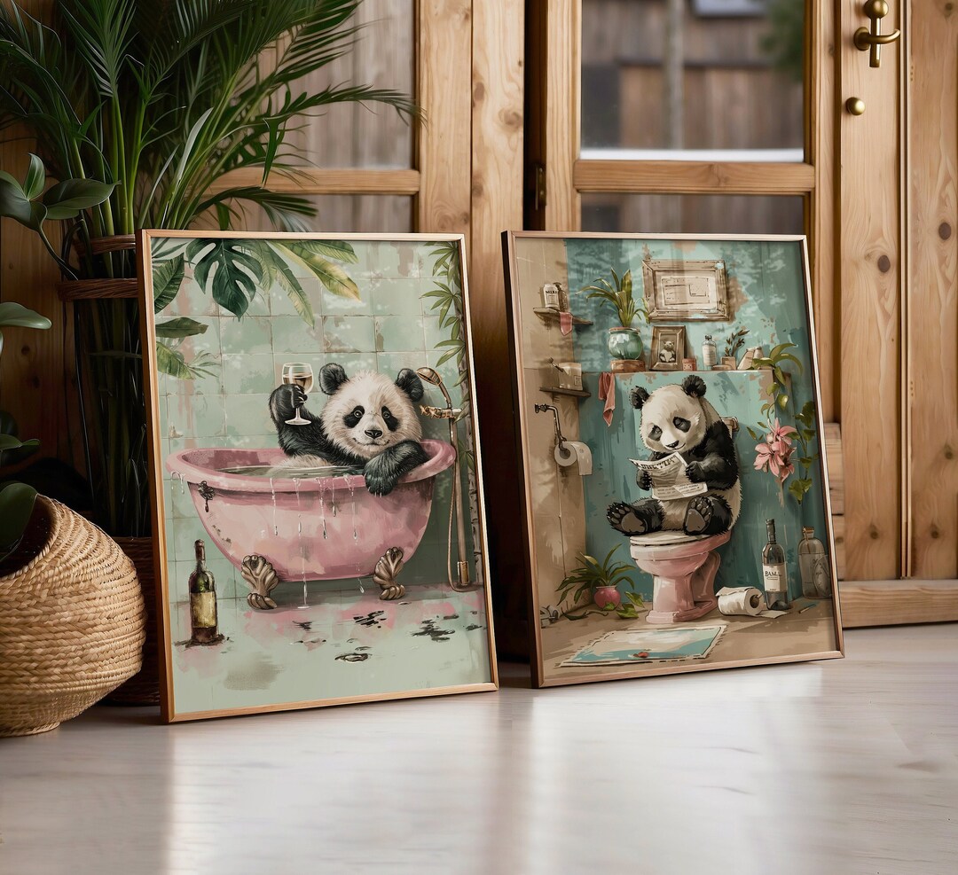 Panda Bathroom Wall Art, Panda on Toilet Art Print, Panda in Bath Tub ...