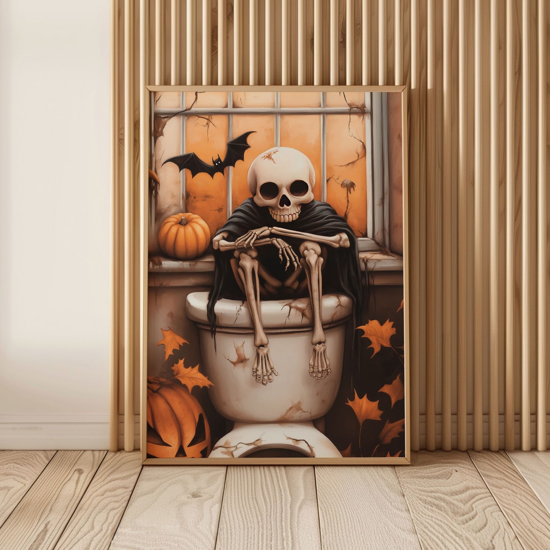 Printable Skeleton Wall Art, Halloween Print, Skeleton on Toilet, Retro ...