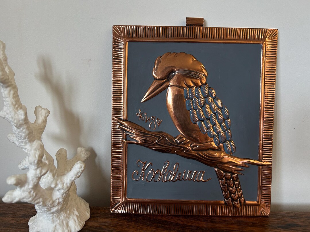 Vintage Australian Kookaburra Bird, Handmade, Beaten Copper, Metal Art on Wood, Wall Art, Plaque ...