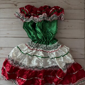 Satin Tricolor Mexican Dress With Elastic Ruffled Shoulders ...