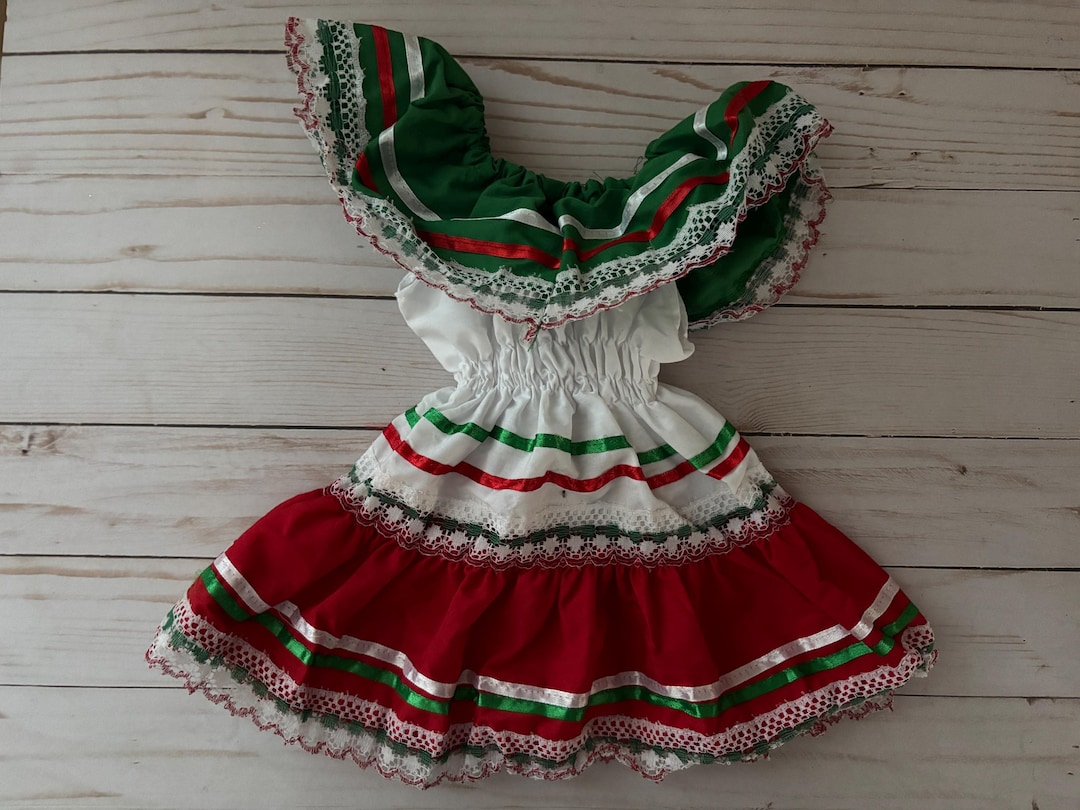 Satin Tricolor Mexican Dress With Elastic Ruffled Shoulders ...