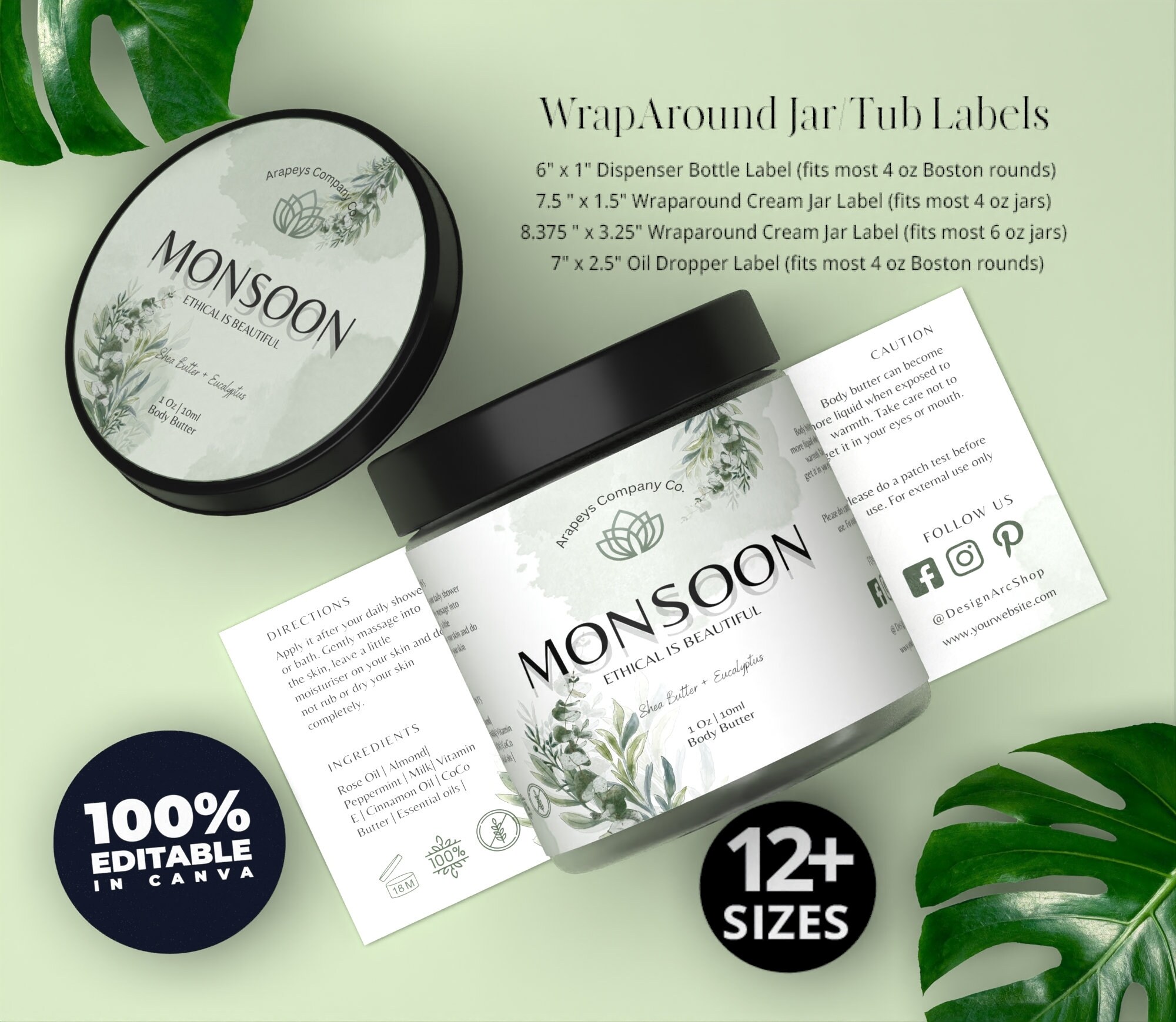 100% Editable Body Product Label Templates Eucalyptus Body Butter, Body ...