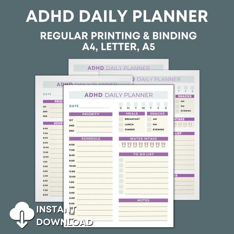 ADHD Daily Planner | A4, Letter, A5 Size | Teal & Purple | Binding ...