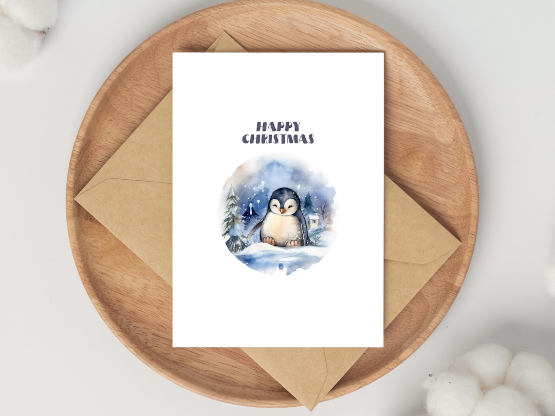 PRINTABLE Penguin Christmas Card Watercolor Holiday for Family ...
