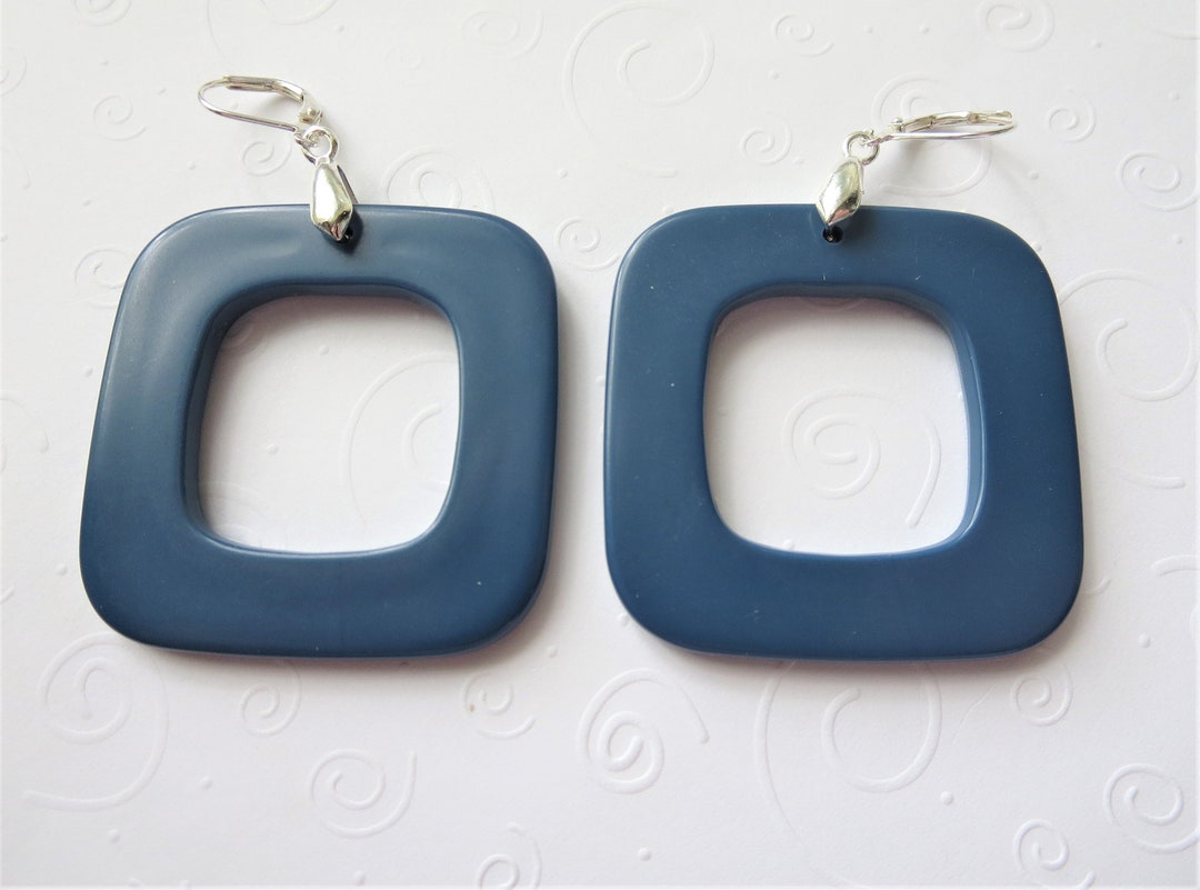 Navy Blue Vintage Square Hoops With Silver Bails and Leverbacks - Etsy