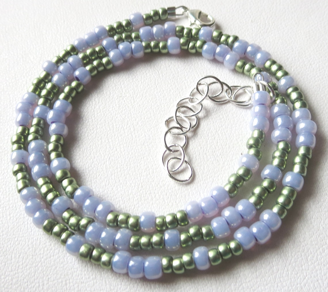 Metallic Light Green and Pale Periwinkle Beaded Necklace Choose Length ...