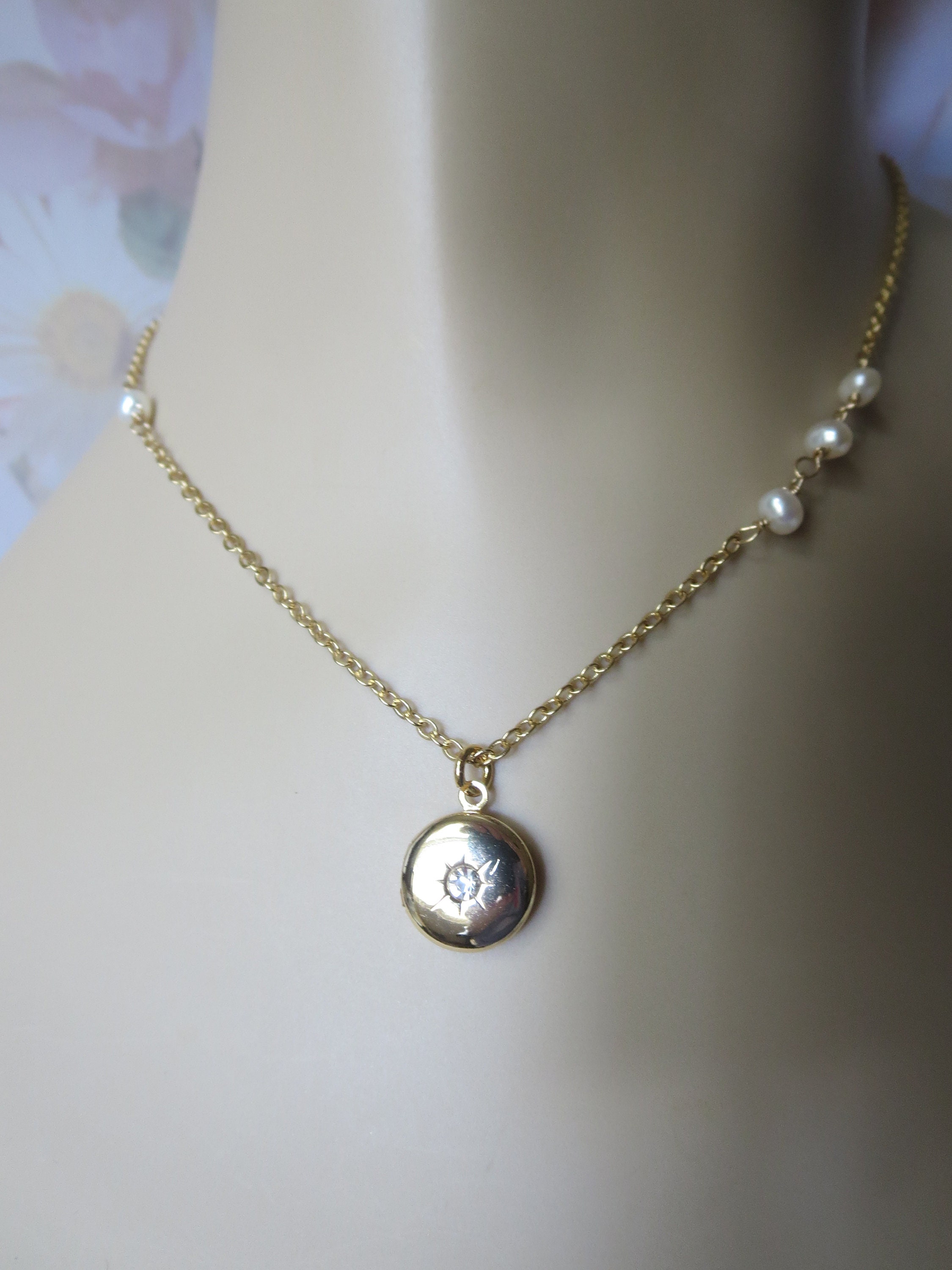 Gold Pearl and Small Locket With Crystal Necklace - Etsy