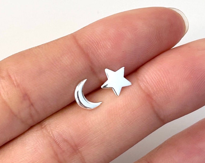 Sterling Silver Stud, Crescent Moon and Star Stud Earrings, Dainty Studs, Mini Moon Stud ...