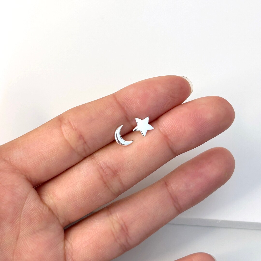 Sterling Silver Stud, Crescent Moon and Star Stud Earrings, Dainty Studs, Mini Moon Stud ...